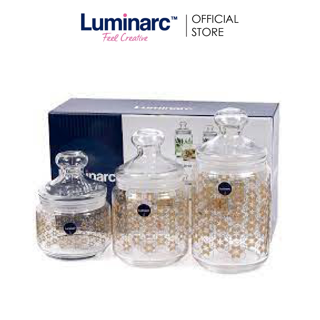 Luminarc 3Pcs Golden Flower Maze Design Pot Club Food Storage Jar Set ...