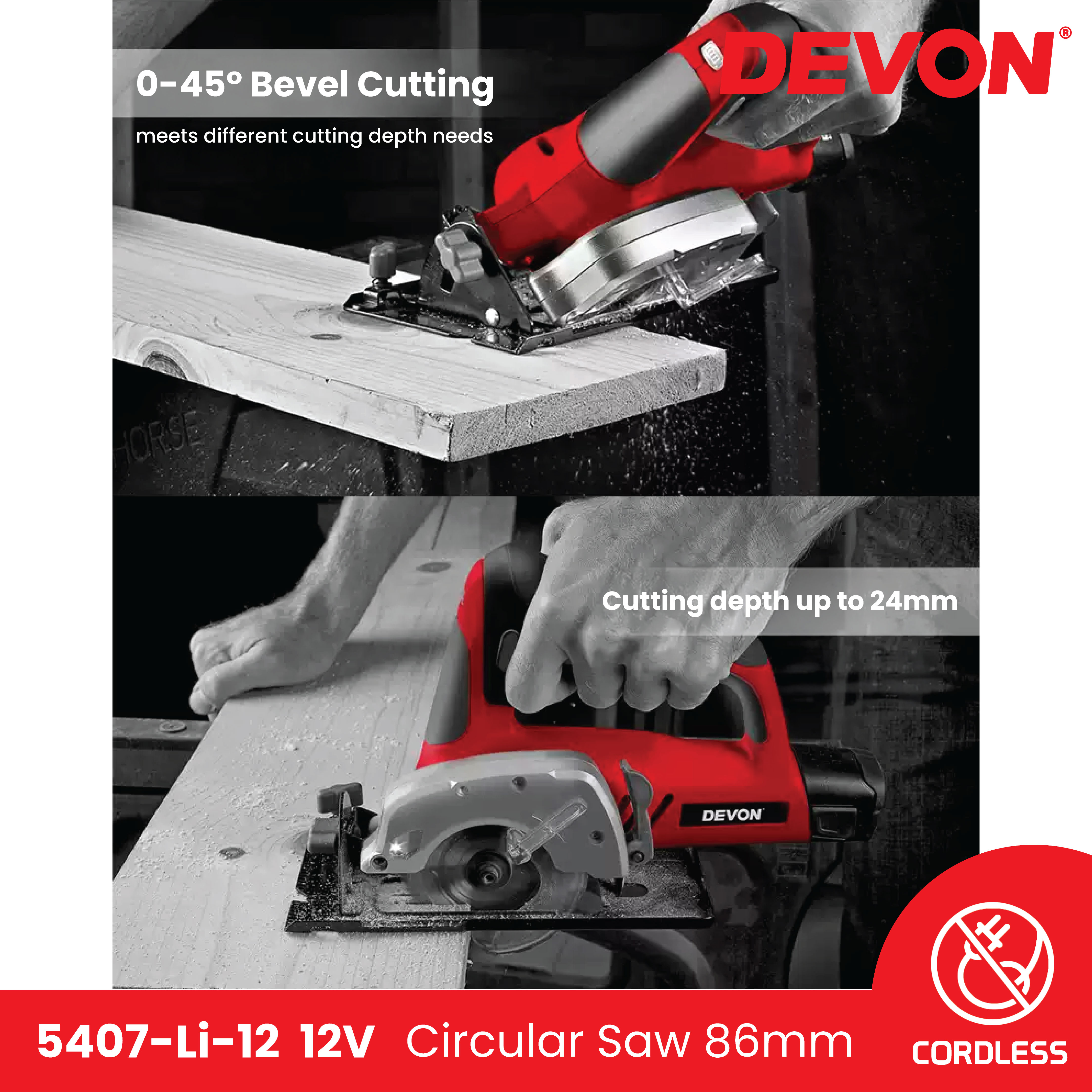 DEVON 5407-Li-12 12V Lithium-Ion Cordless Circular Saw 86mm 2400rpm ...