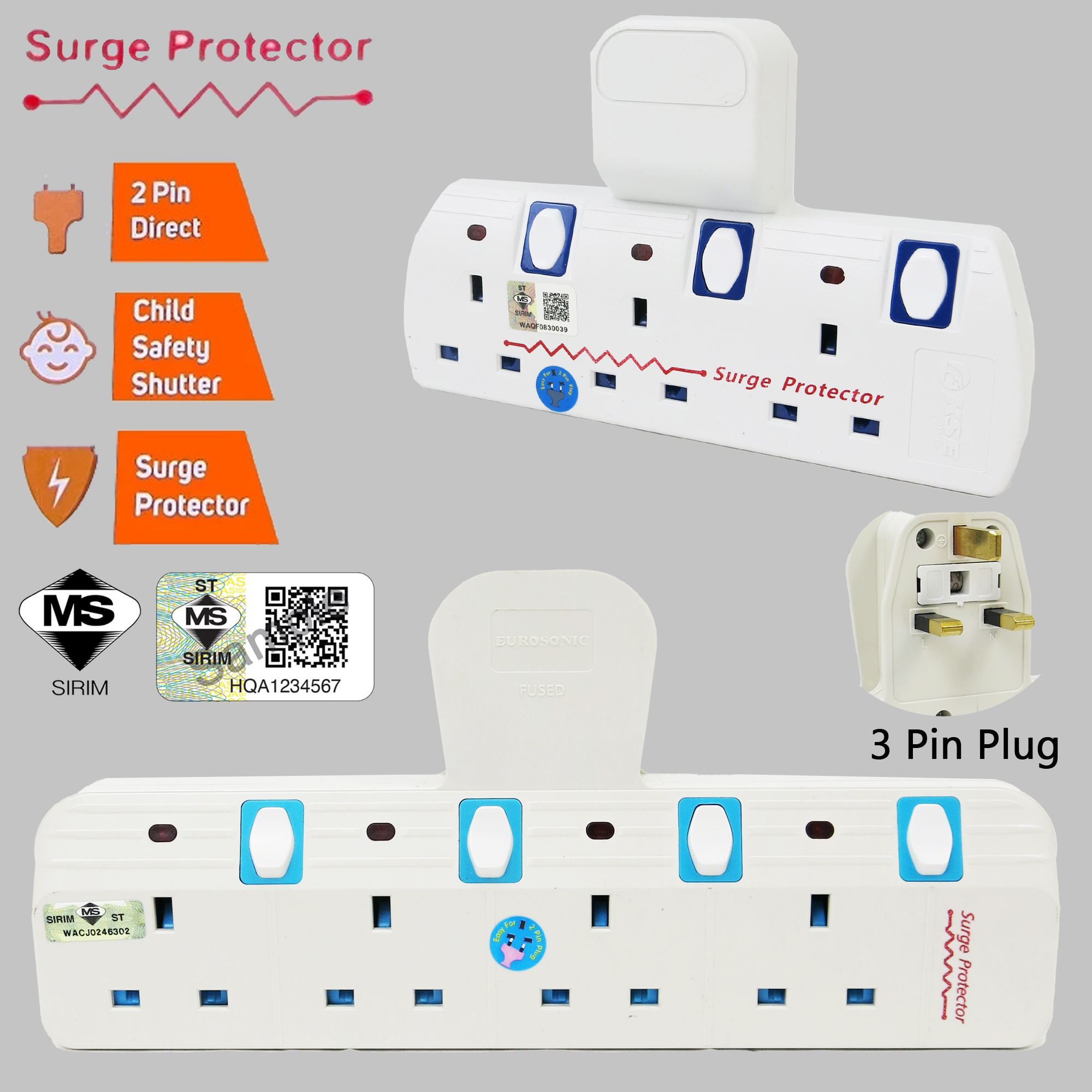 3H 13A Soket Sambungan T Shape 3 Gang/4 Gang Perlindungan Surge [SIRIM ...