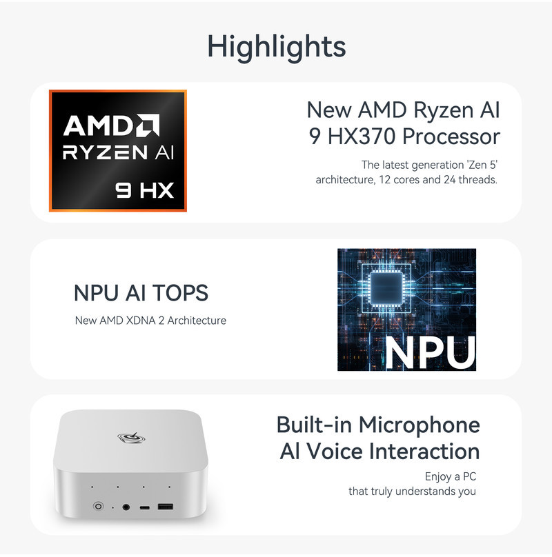 Beelink SER9 Ryzen AI HX370 Mini PC Windows11 LPDDR5 7500Mhz 32GB SSD ...