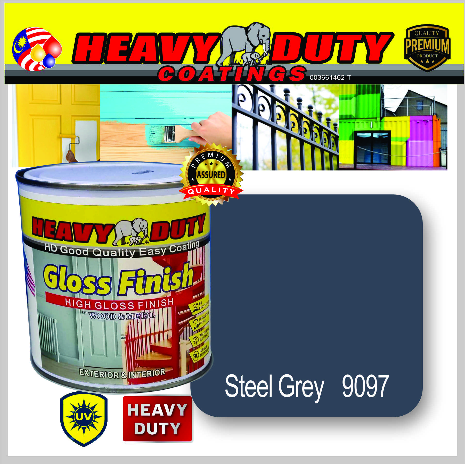 9097 STEEL GREY 1L ( 1 LITER ) HEAVY DUTY High Gloss Finish Paint for ...