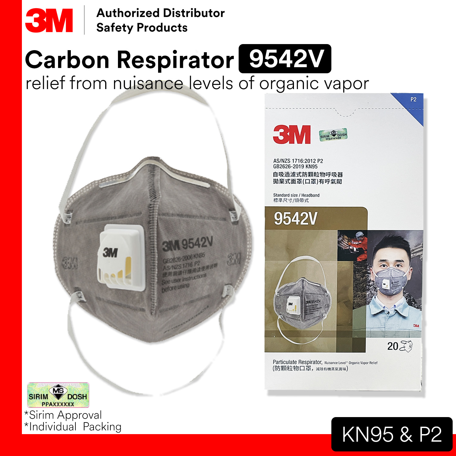 3M 9542 9542V Carbon Respirator KN95 & P2 Nuisance Level Organic Vapor Smell Relief Mask ...