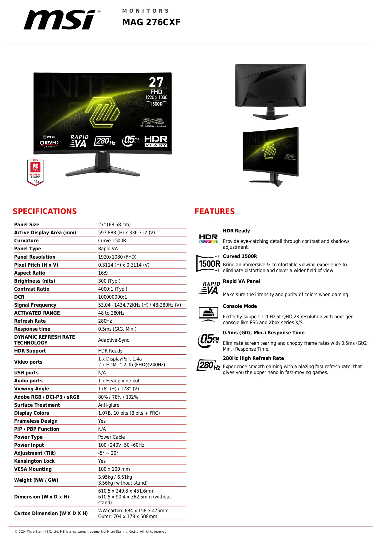 MSI MAG 276CXF ( MAG276CXF ) 27" Curve (1500R/ VA / 1ms / 280Hz / HDR ...