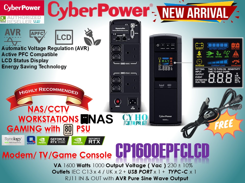 CyberPower CP1600EPFCLCD 1600VA 1000W Pure Sine Wave output safeguards ...