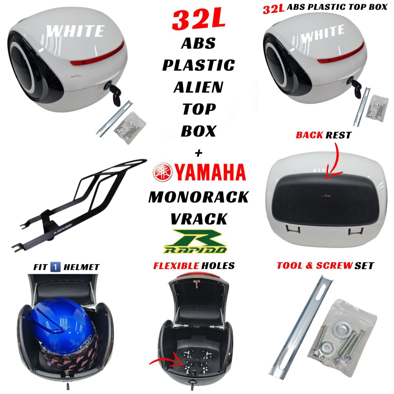 ALIEN 32L TOP BOX SIPUT+RAPIDO MONORACK VRACK YAMAHA 135LC V1-V8 Fi ...