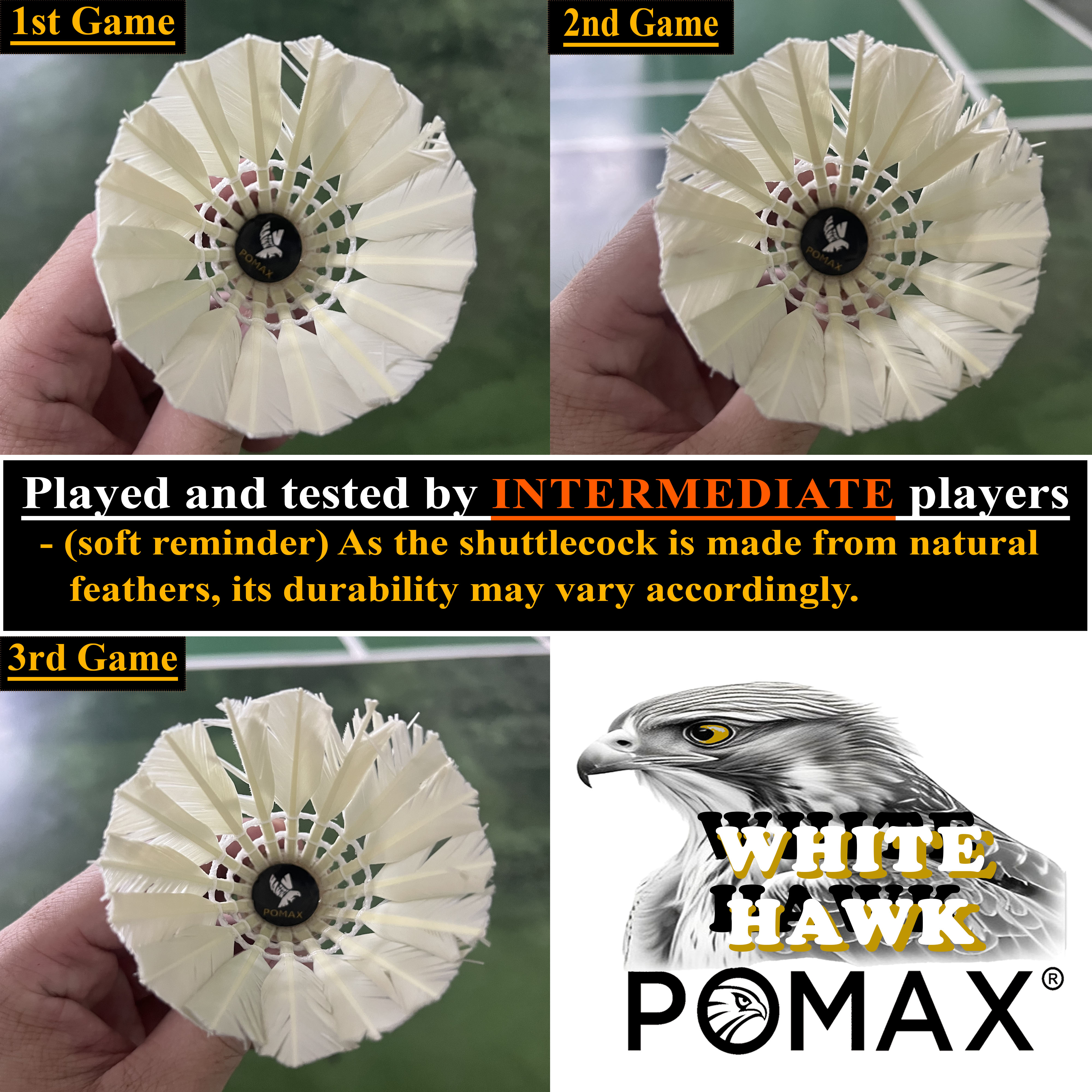 Pomax White Hawk Badminton Shuttlecock (Black Feather Washed White ...
