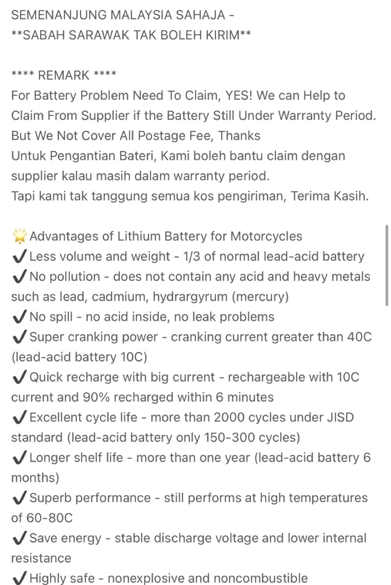 DYNAVOLT Battery Lithium MLFP4L-BS YTX4L-BS Bateri YTZ5S YTZ5 LC135 ...