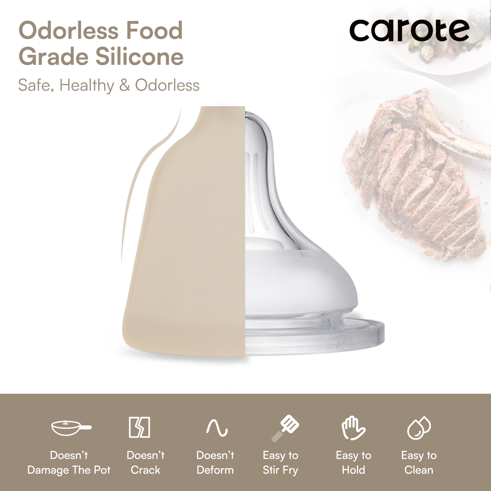 CAROTE Wooden Handle Slotted White color Non-stick Food Grade Silicone ...