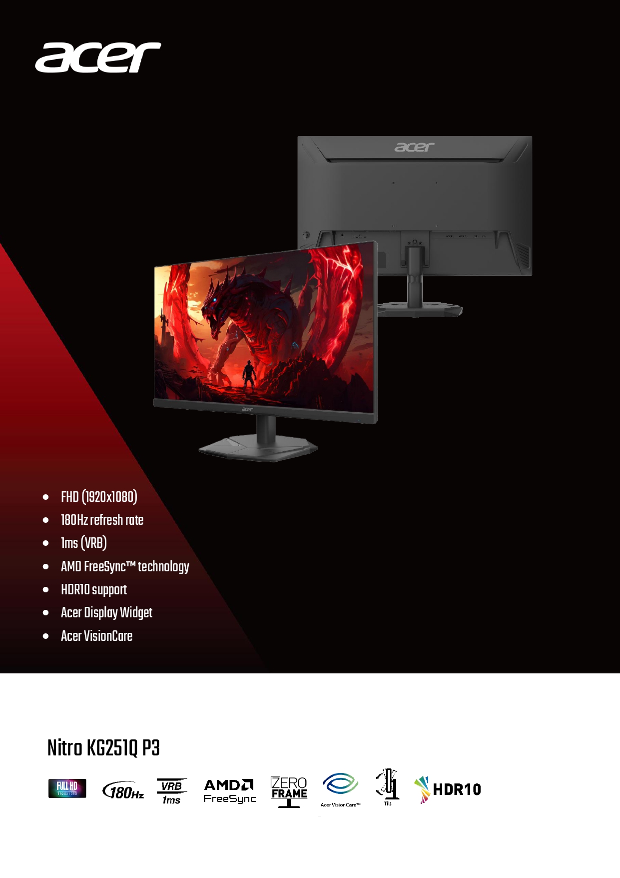 ACER NITRO KG251Q X0 24.5" GAMING MONITOR ( 24.5" VA FHD / 0.5MS ...