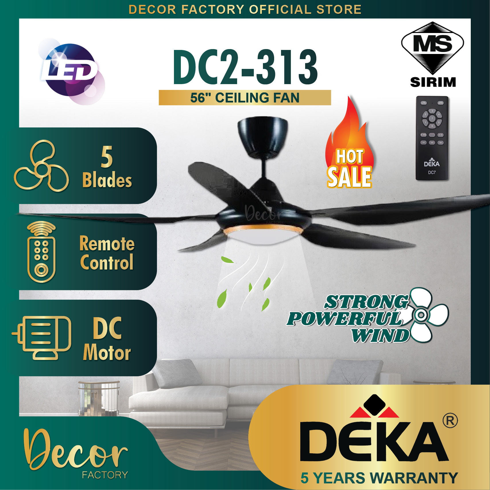 DEKA Fan DEKA DC2LED DC2-313 LED DEKA F5DC LED PRO 56" 5 Blades DC ...