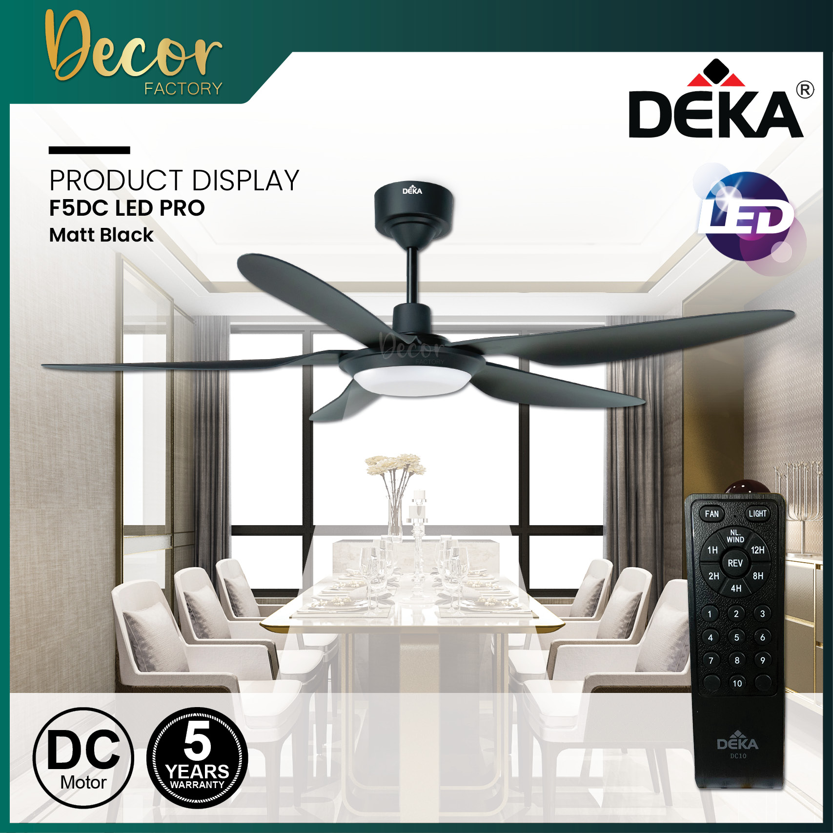 DEKA Fan DEKA DC2LED DC2-313 LED DEKA F5DC LED PRO 56" 5 Blades DC ...