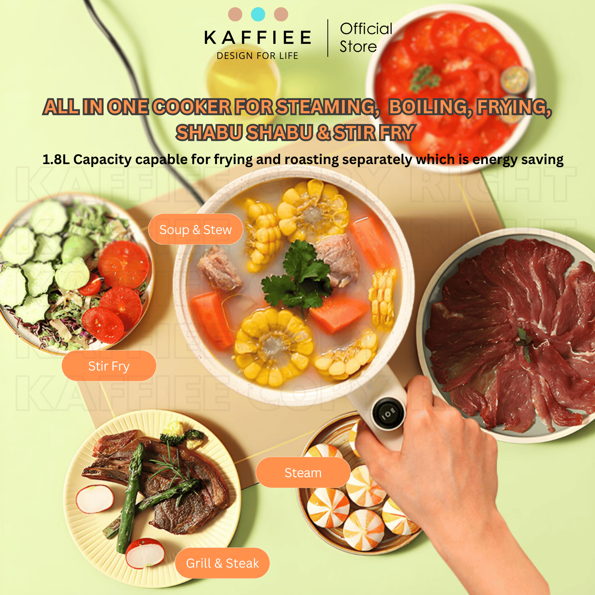 KAFFIE 1.8L Periuk Cooker Non Stick Serbaguna Multi Cooker With Steamer ...