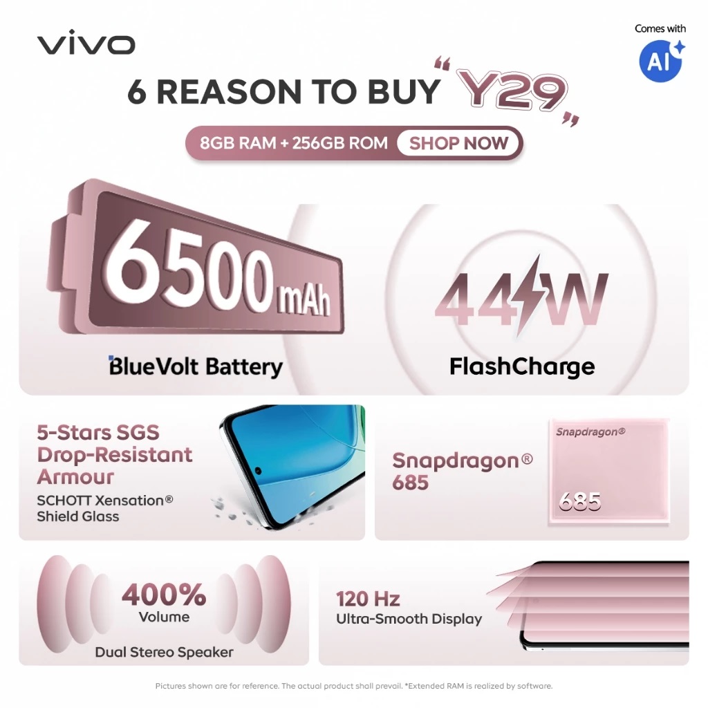 vivo Y29 - 16(8+8)GB RAM+256GB ROM l 6500mAH Battery l 44W Flash Charge l Anti-Drop Armor Design ...