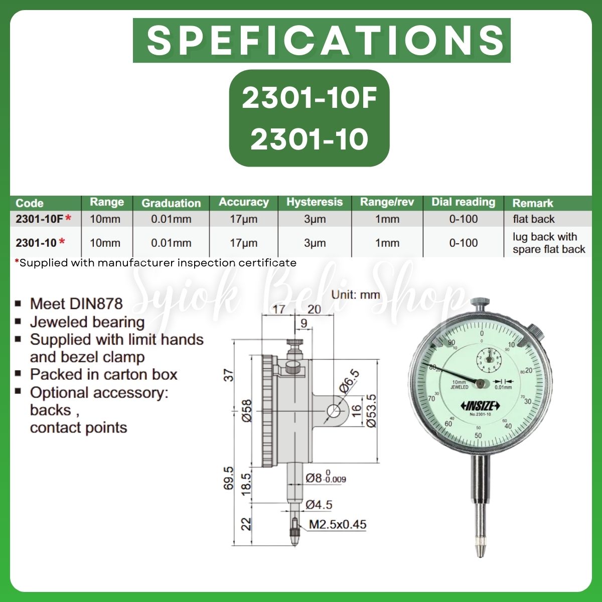 INSIZE DIAL INDICATOR (BASIC TYPE) 2301-10(Lug back),2303-10F(Flat back ...