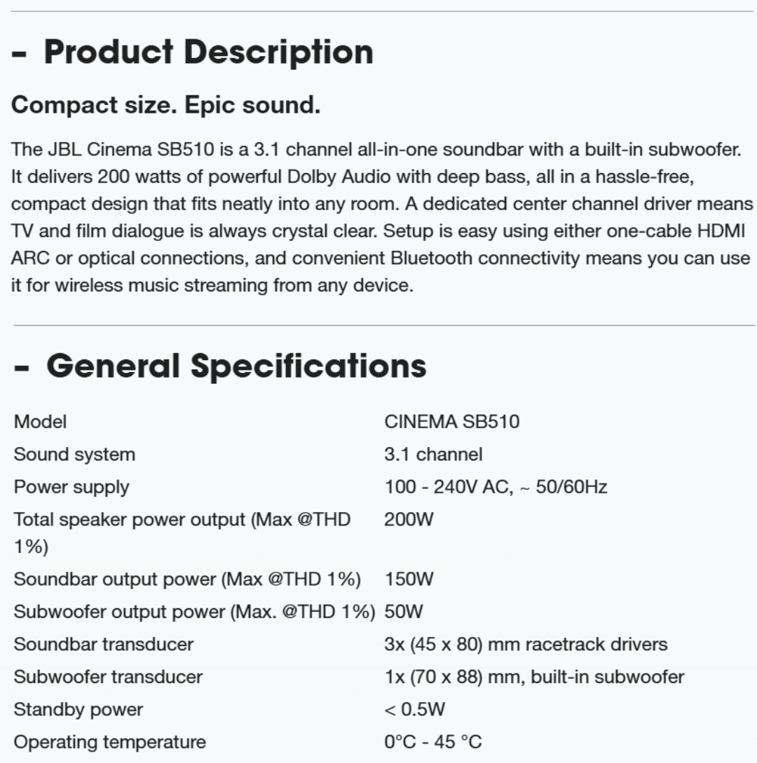 JBL Cinema SB510 3.1 Channel Soundbar With a Built-in Subwoofer ...