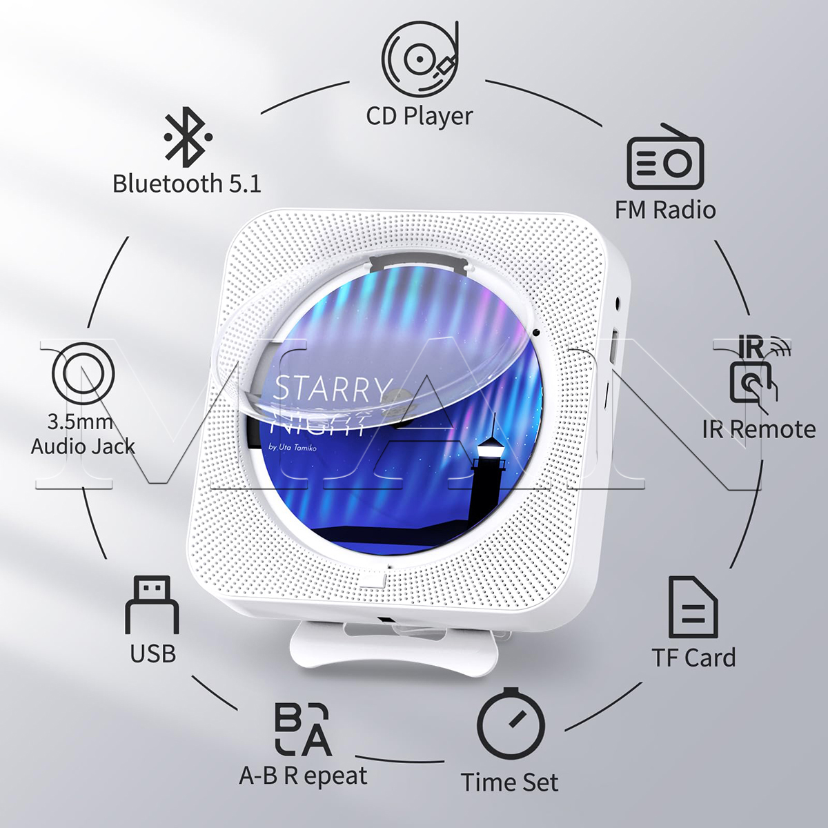 Portable CD Player Bluetooth Wall Mountable Music Player With IR Remote ...