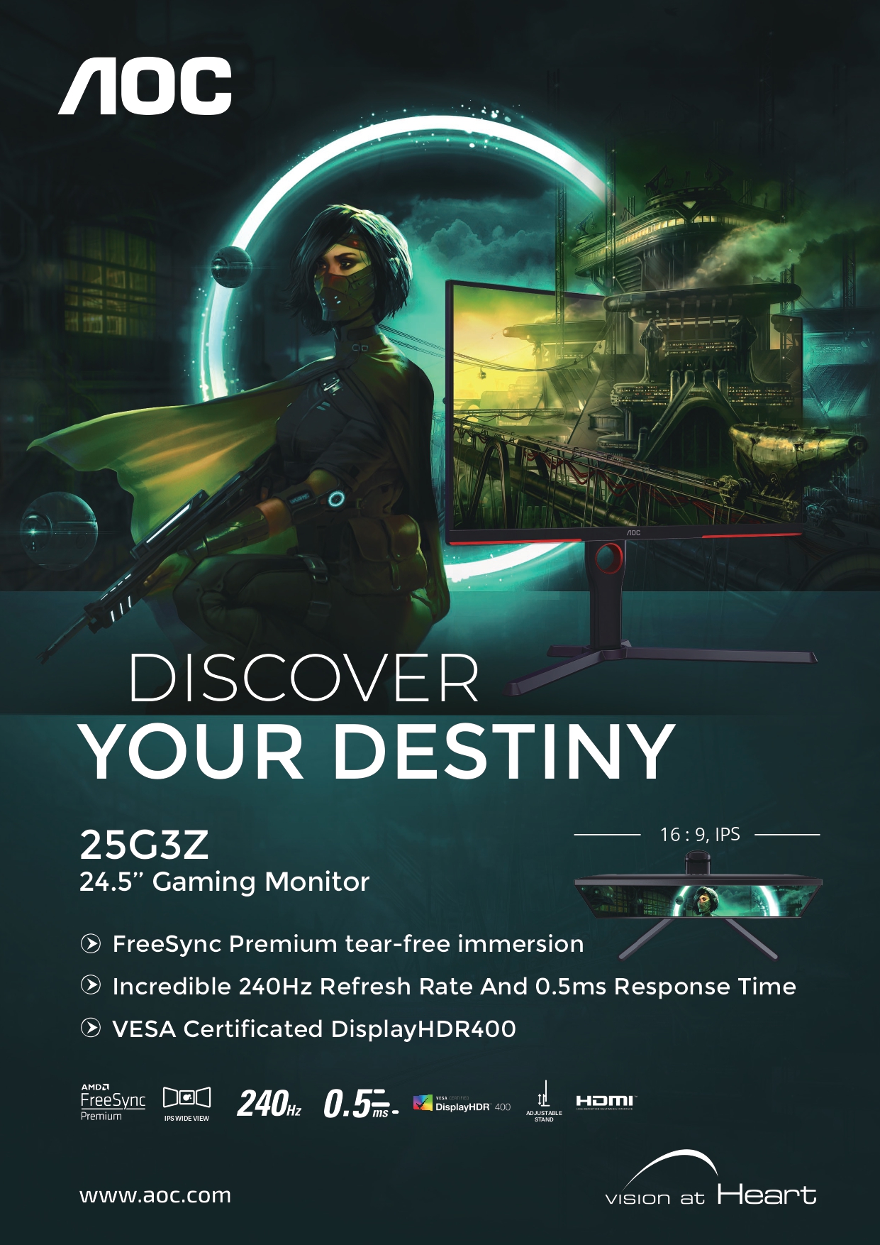 AOC 24.5" 25G3Z IPS PANEL / 25G3ZM VA PANEL FHD (1920x1080 @240HZ) LCD ...