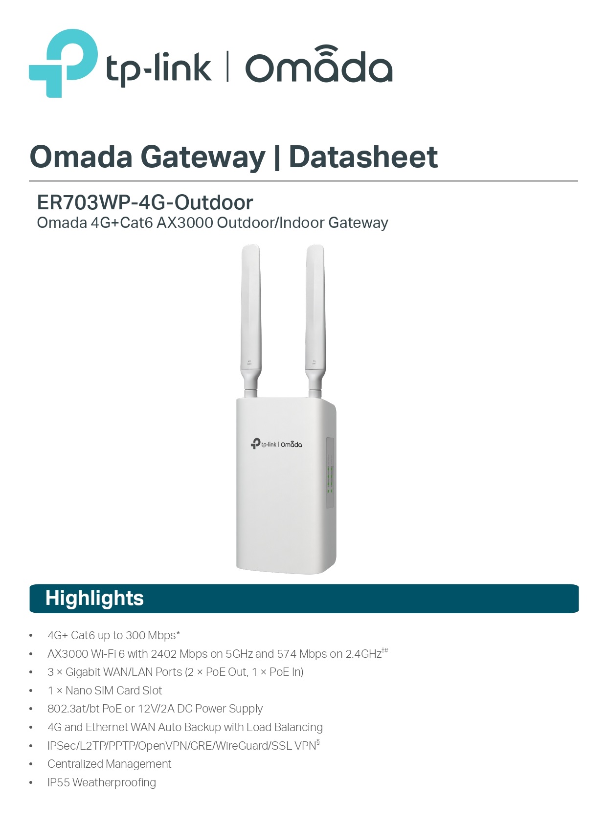 TP-LINK ER703WP-4G-OUTDOOR OMADA 4G+ CAT6 AX3000 WI-FI 6 OUTDOOR/INDOOR ...