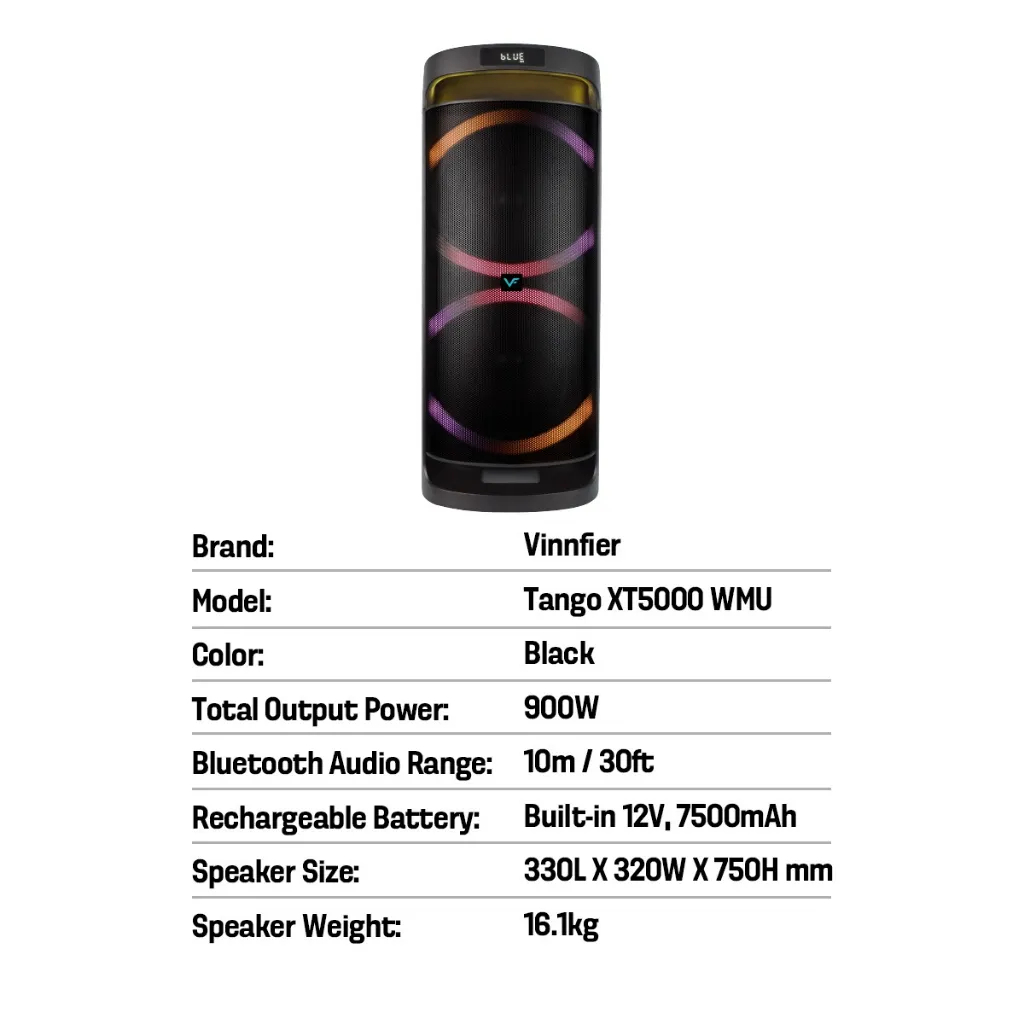 Vinnfier VF Tango XT5000 WMU 900W Bluetooth Speaker HI-FI Loud PartyBox ...