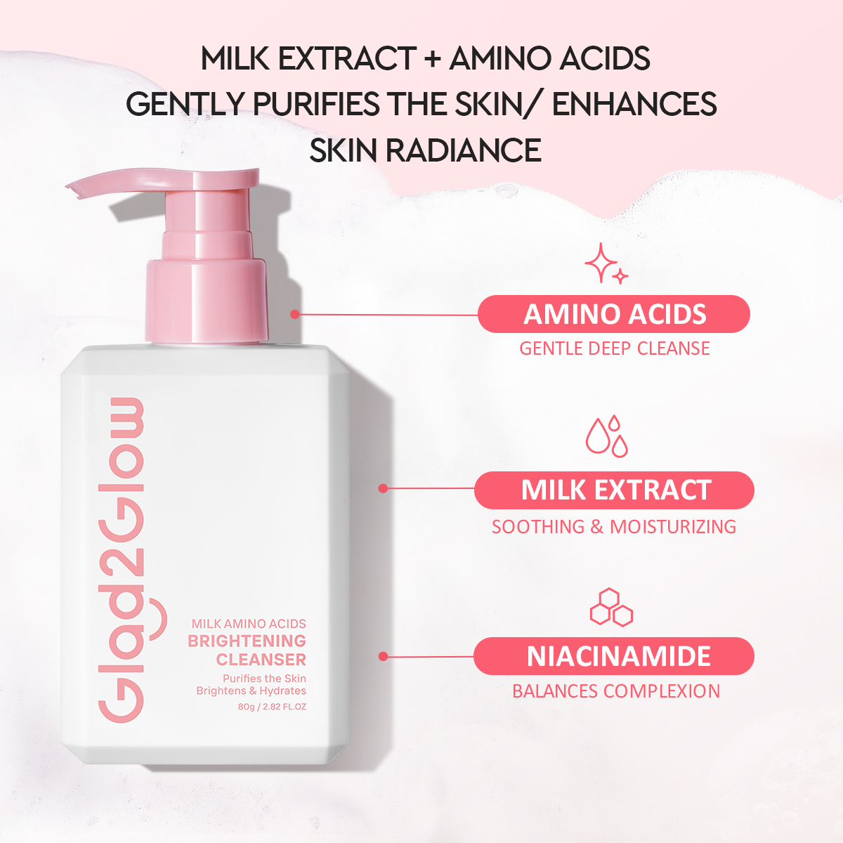 Glad2Glow Milk Amino Acid Gentle Cleanser Face Wash 80ml pencuci muka ...