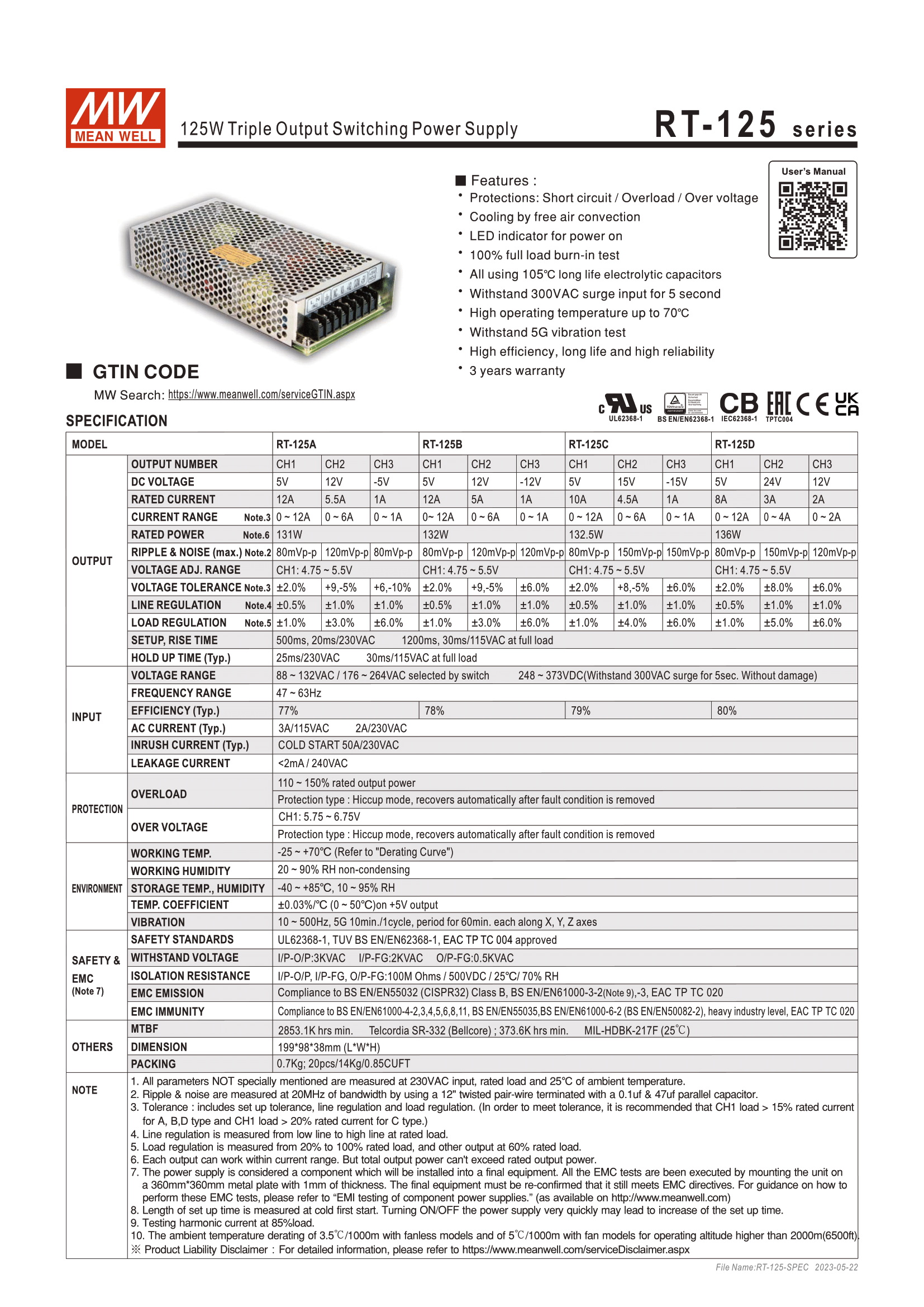 Mean Well RT-125D 125W 5V 12A & 24V 4A & 12V 2A MeanWell Triple Output ...