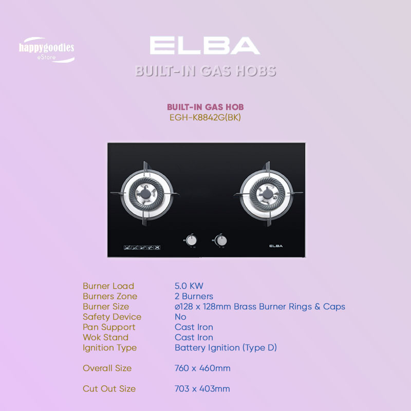 Elba Built-in Tempered Glass Gas Hob with 5Kw Burner EGH-K8842G(BK ...