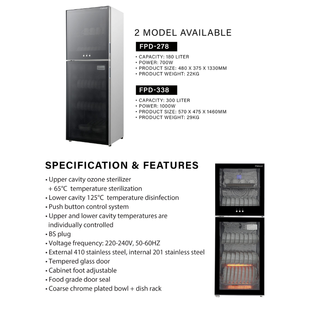 Firenzzi FPD-278 / FPD-338 Disinfection Cabinet (180L) Sterilizer 消毒碗柜 Firenzzi FPD278 FPD338 ...