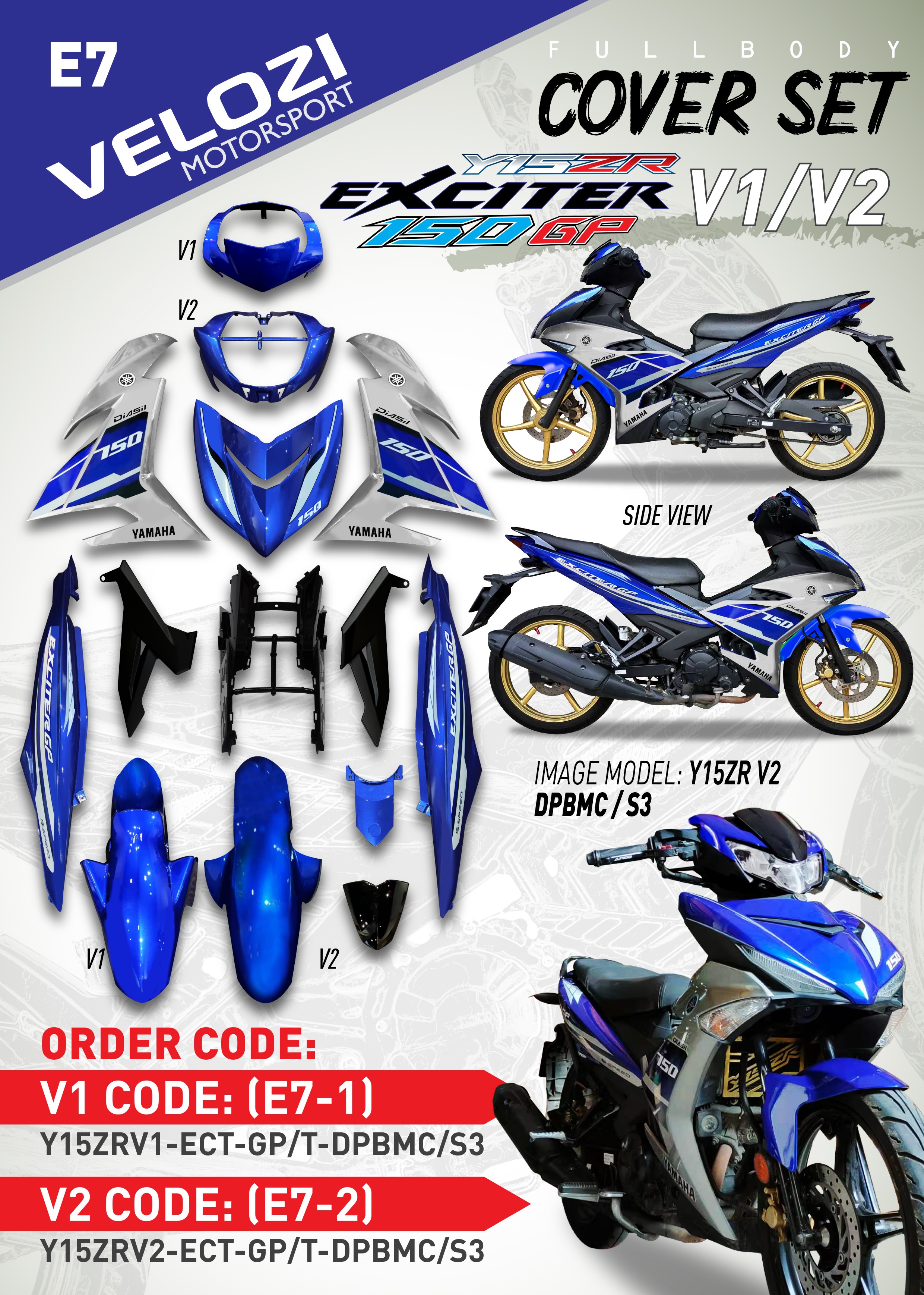 COVERSET YAMAHA Y15 ZR V1 / V2 DESIGN EXCITER GP BIRU SILVER DPBMC/S3 ...