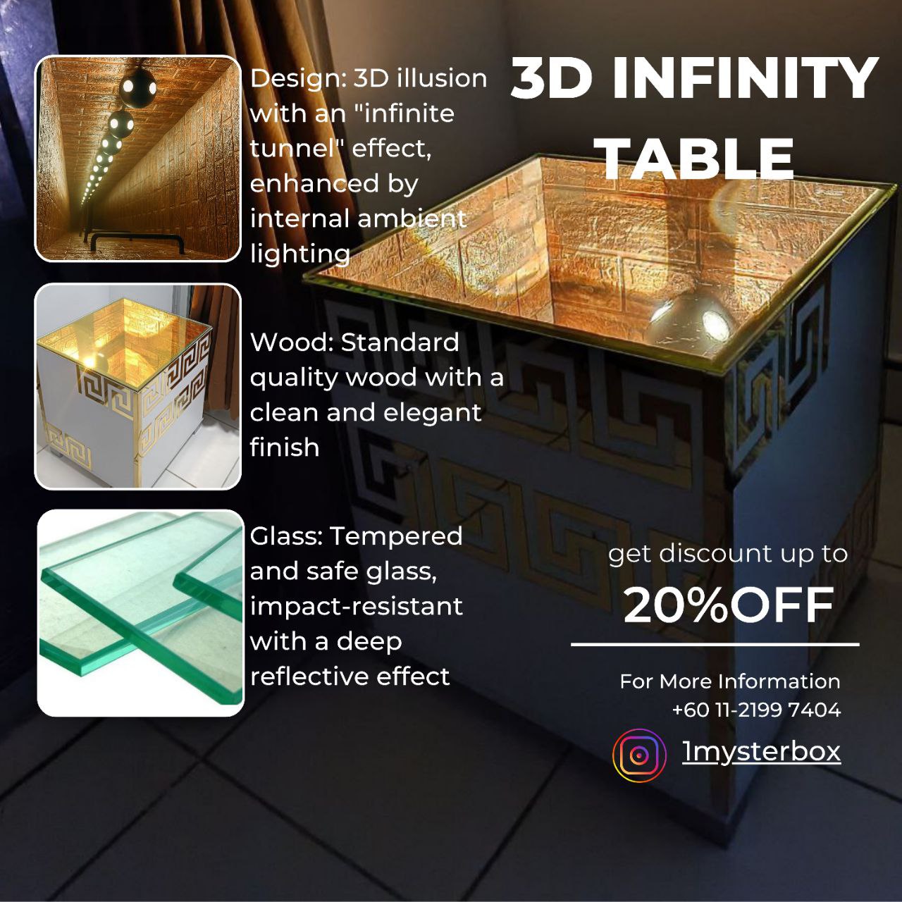 Tunnel Table - Infinity Mirror LED Coffee Table with Gold Greek Pattern, Modern Square Side ...