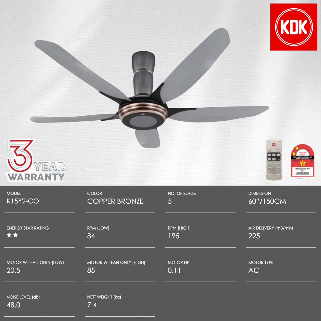 KDK K15Y2 (60″/150cm) AC Ceiling Fan Kipas Siling Syiling with Energy ...
