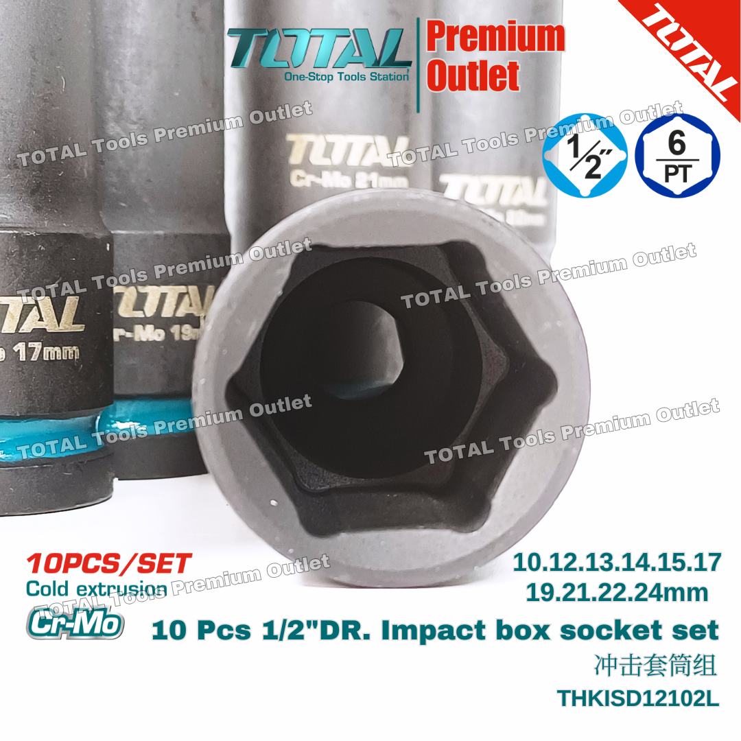 TOTAL Tools 10 pcs 1/2" Cr-Mo Long deep Impact box socket set 10~24mm ...