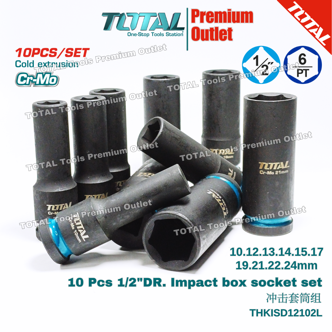 TOTAL Tools 10 pcs 1/2" Cr-Mo Long deep Impact box socket set 10~24mm ...