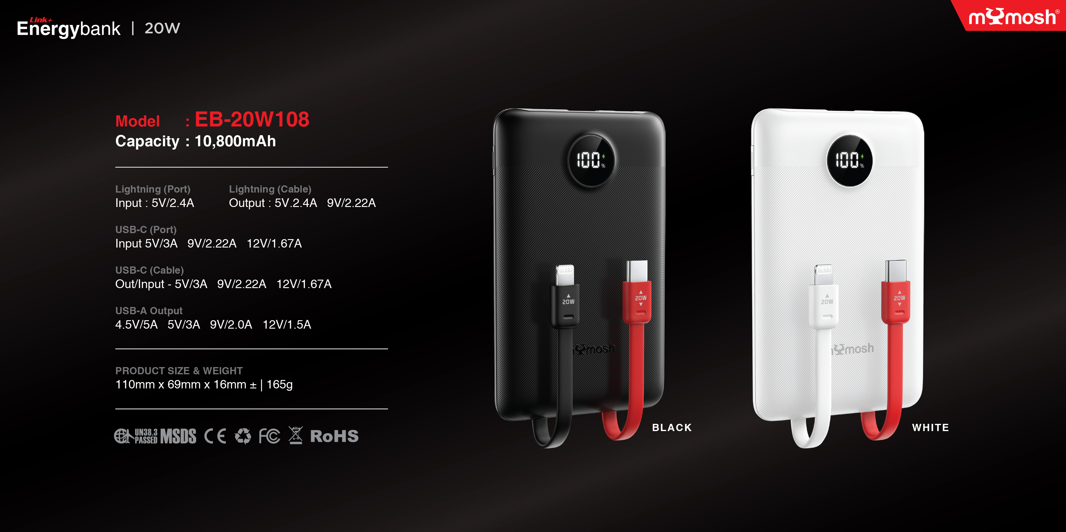 Mymosh QC 5.0/PD 3.0 Built-In Type-C and Lightning Cable Fast Charging ...