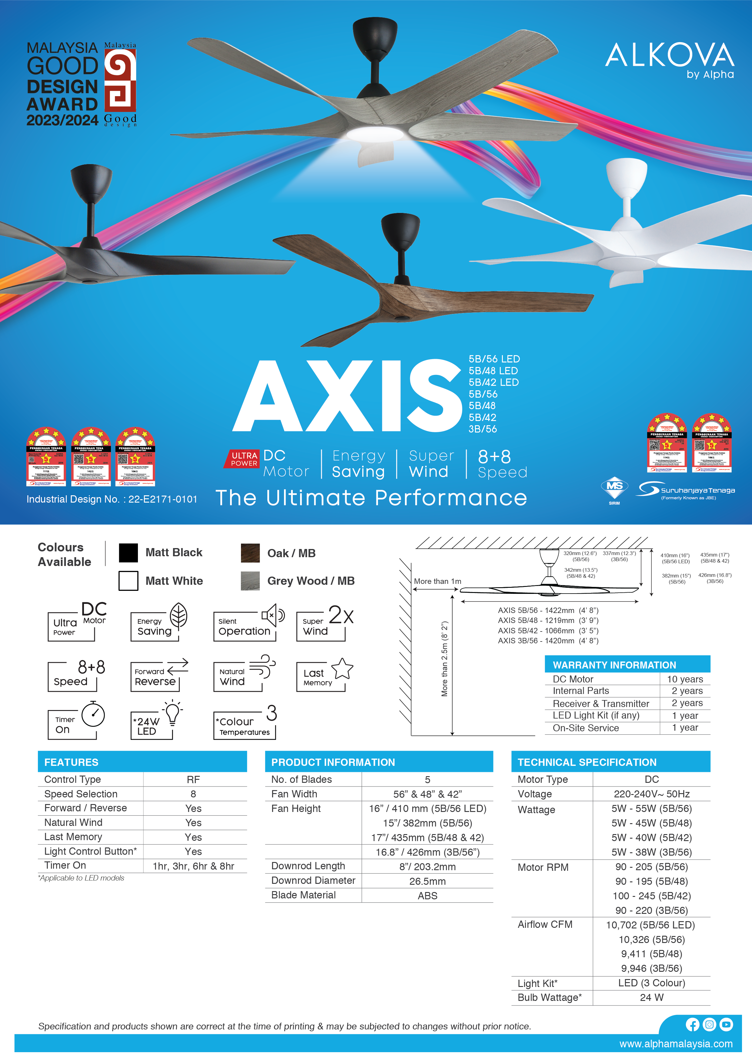 Alpha Alkova Axis Dc Motor 3 Blades 5 Blades LED Remote 8+8 Speeds 42 ...
