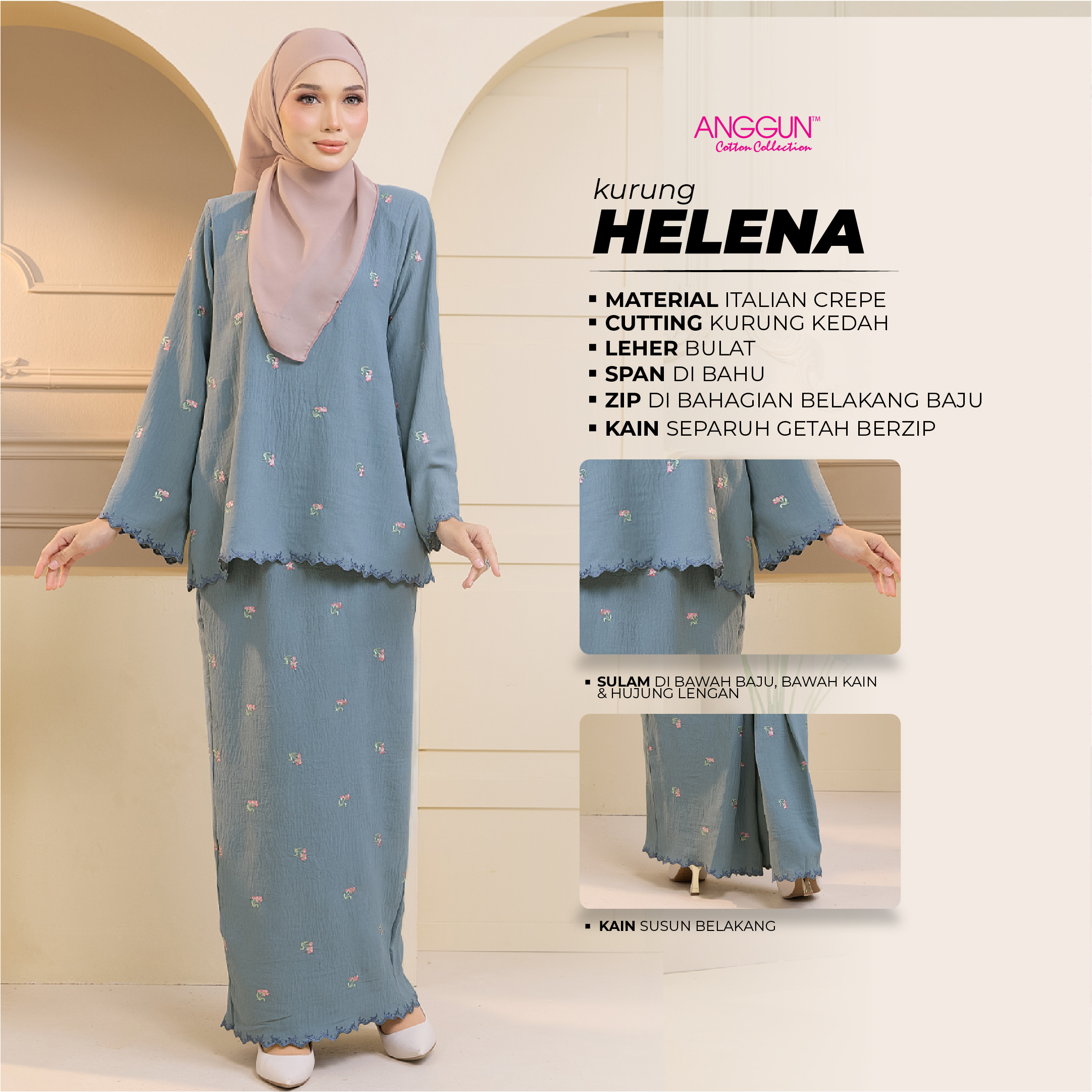 ANGGUN COTTON Baju Kurung Helena 9 Colour B1 Material Italian Crepe ...