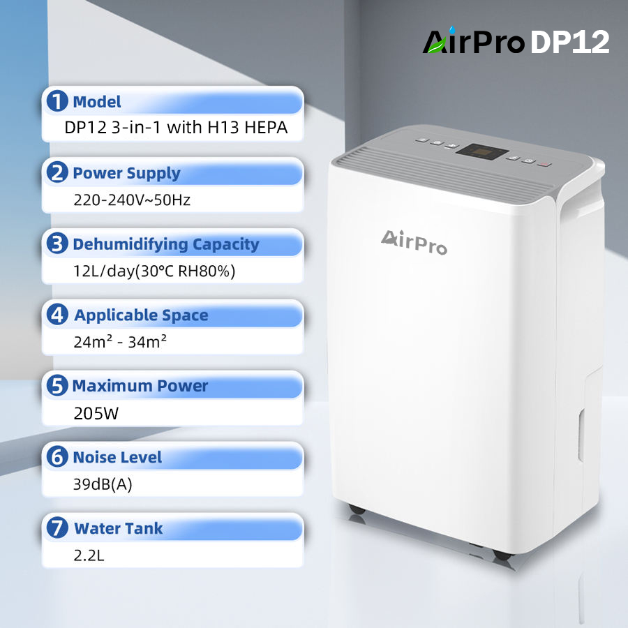 AirPro DP12 Dehumidifier 3-in-1 with H13 HEPA | 12L/Day | Smart App | Quiet 40dB | 2.2L Tank ...