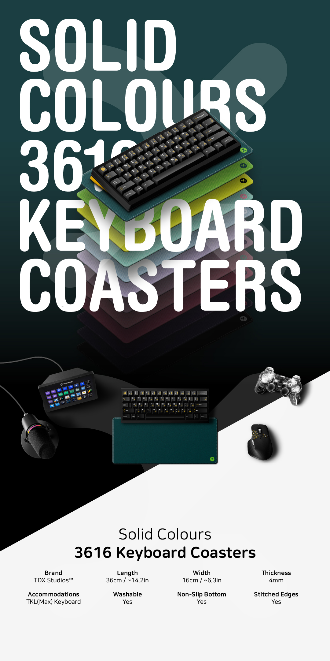 [3616 KEYBOARD COASTERS] Solid Colours | 36cm x 16cm Deskmat for ...