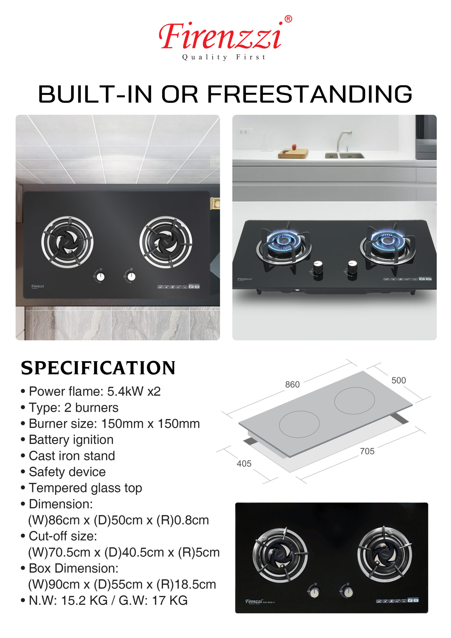 Firenzzi Glass Hob FGH-8628 XP High Flame 10.8kW Safety Valve Device ...