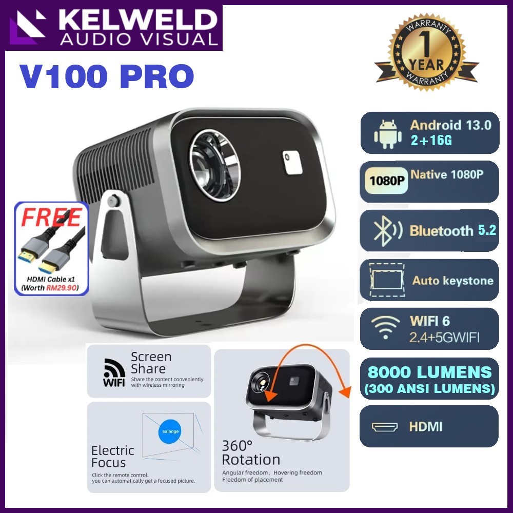 V100 PRO Mini Projector 投影仪 Android 13 Dual Wifi 6 Bluetooth5.2 Cinema ...