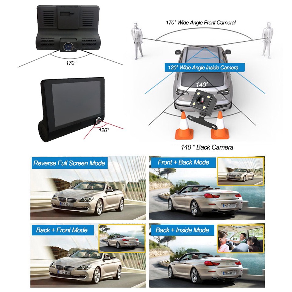 4-Inch 3 Lens Dash Cam - 1080P Full HD, 170° Wide Angle, G-Sensor, Rear ...