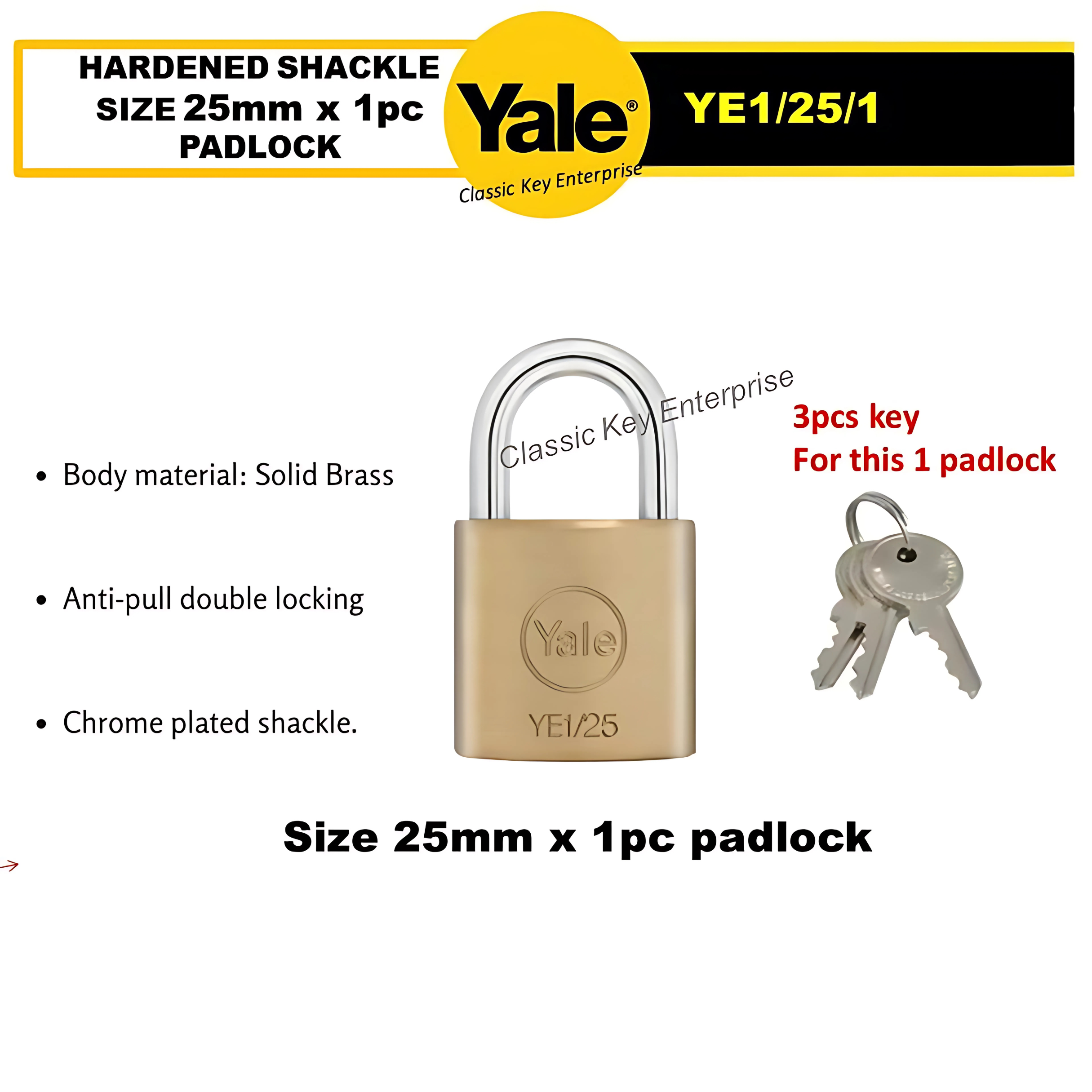 Yale padlock solid brass YE1-25-113-1 Size 25mm | Shopee Malaysia