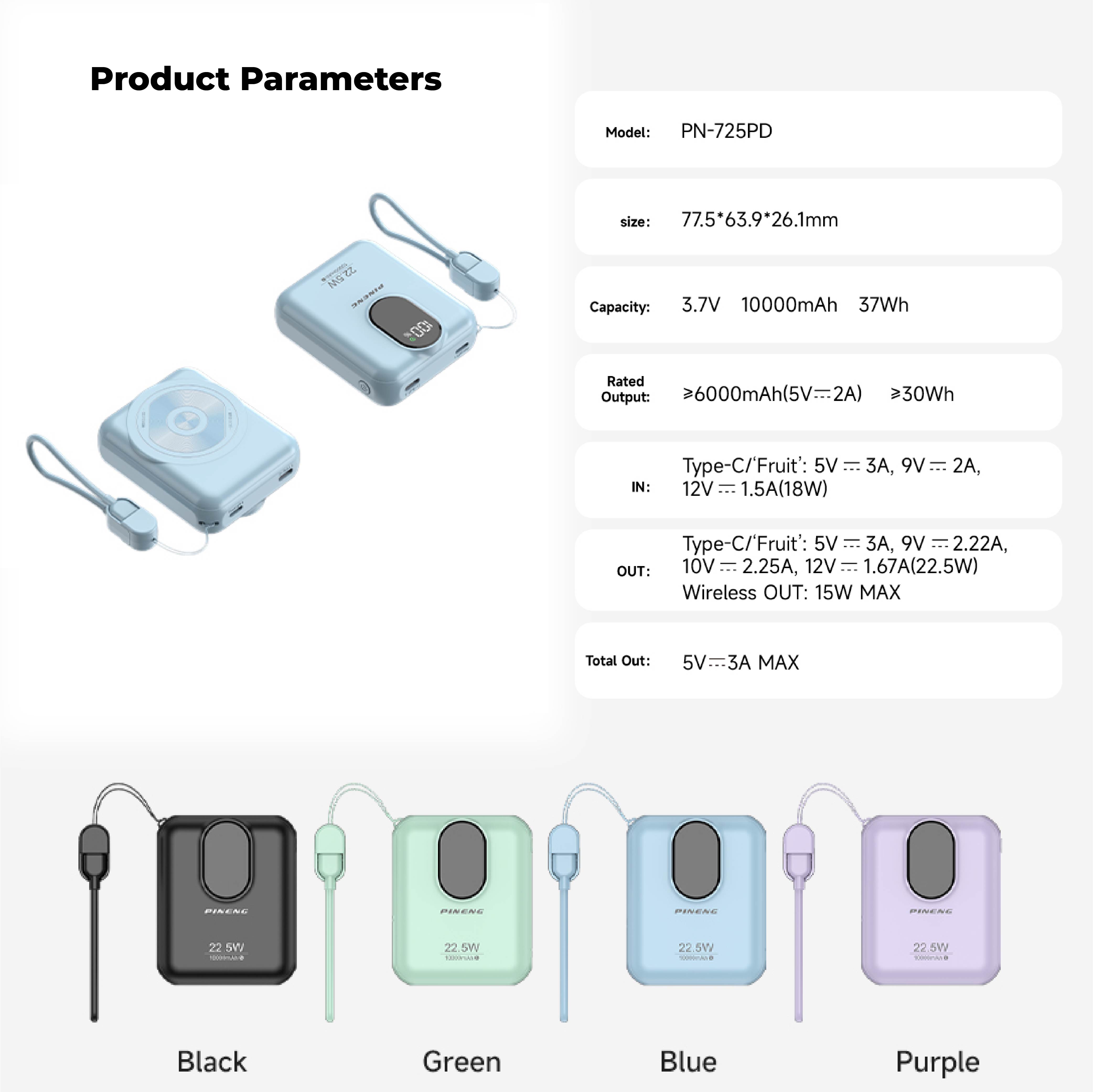 [3C Certified] Pineng PN-725PD 10000mAh 22.5W Fast Charge Magnetic Wireless Powerbank w ...