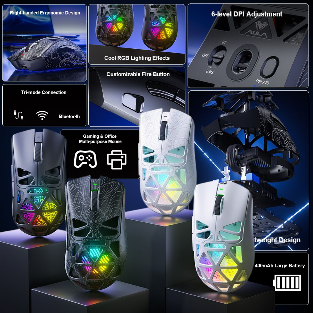 AULA SC620 Wireless Mouse 12000 DPI RGB Hollow Out 8 Button Lightweight ...