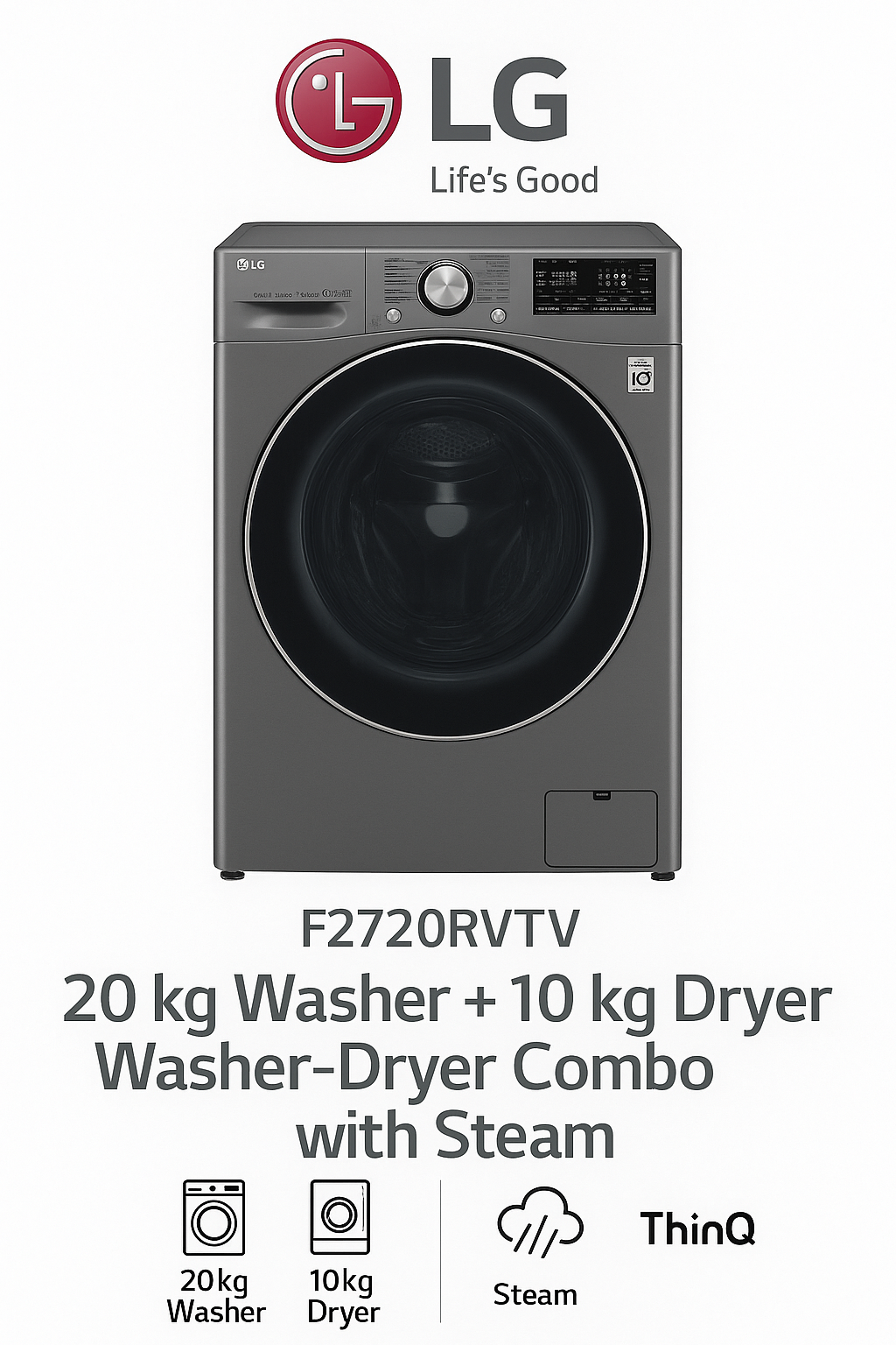 LG 20/10kg Front Load Washer Dryer with Steam™ F2720RVTV - Inverter ...