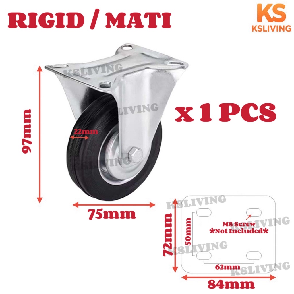 Kim.S 3”[75MM] Rubber Wheel Roller Heavy Duty Roda Rubber Trolley Roda ...