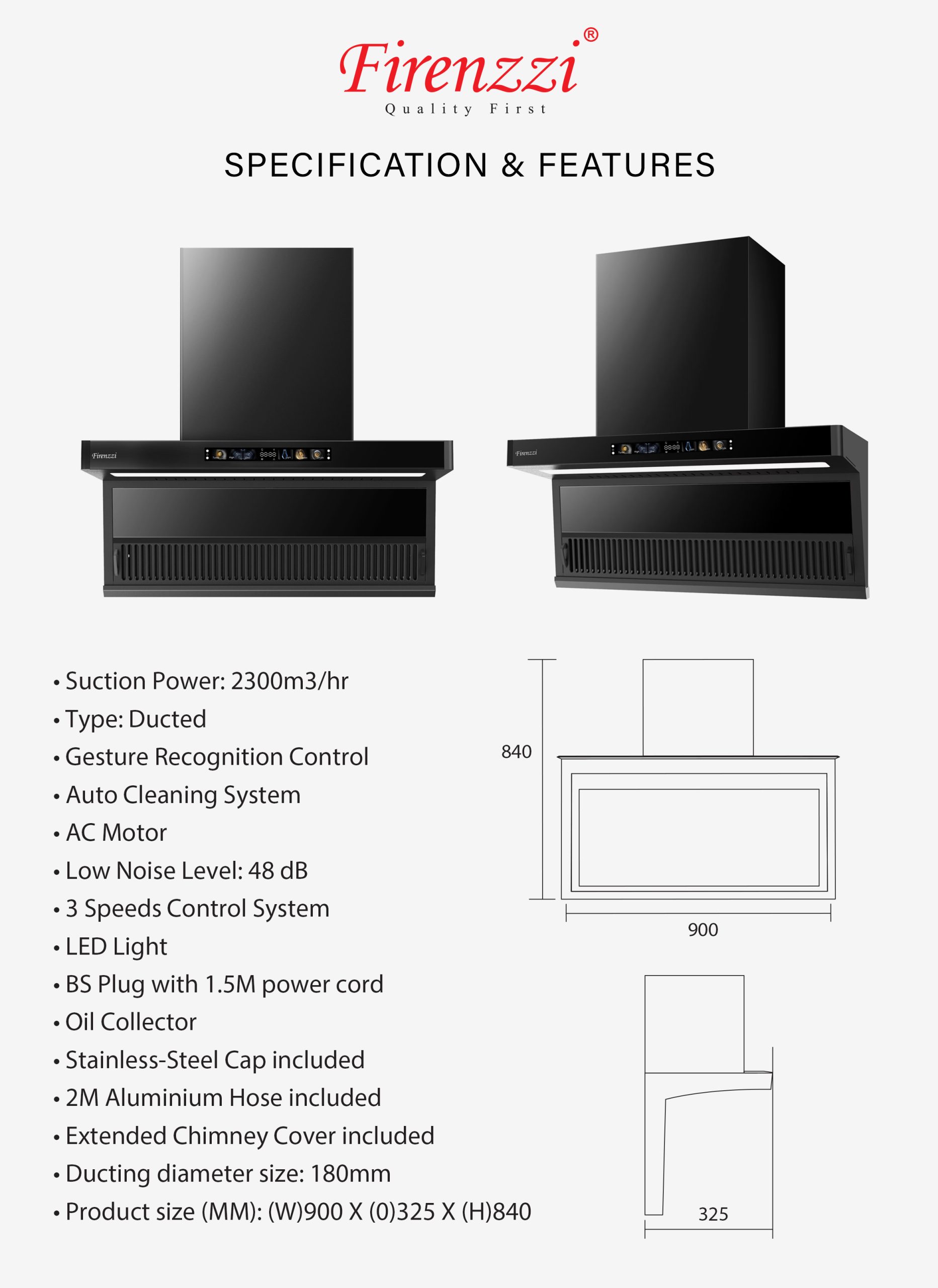 Firenzzi Cooker Hood AC Motor 2300m3/hr Suction Power With Auto ...