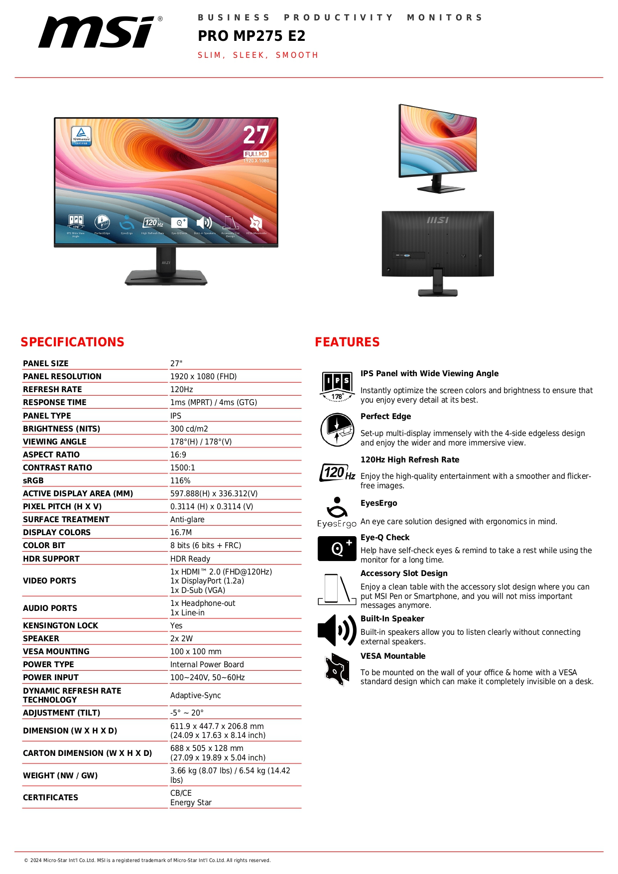 MSI PRO MP275 E2 (120HZ) / MP275 (100HZ) 27" MONITOR ( 27" IPS FHD ...