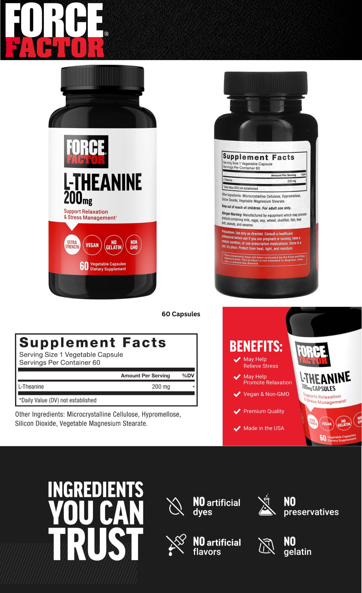 Force Factor, L-Theanine, Extra Strength , 200 mg , 60 Vegetarian Capsules, Supporting Calm and ...