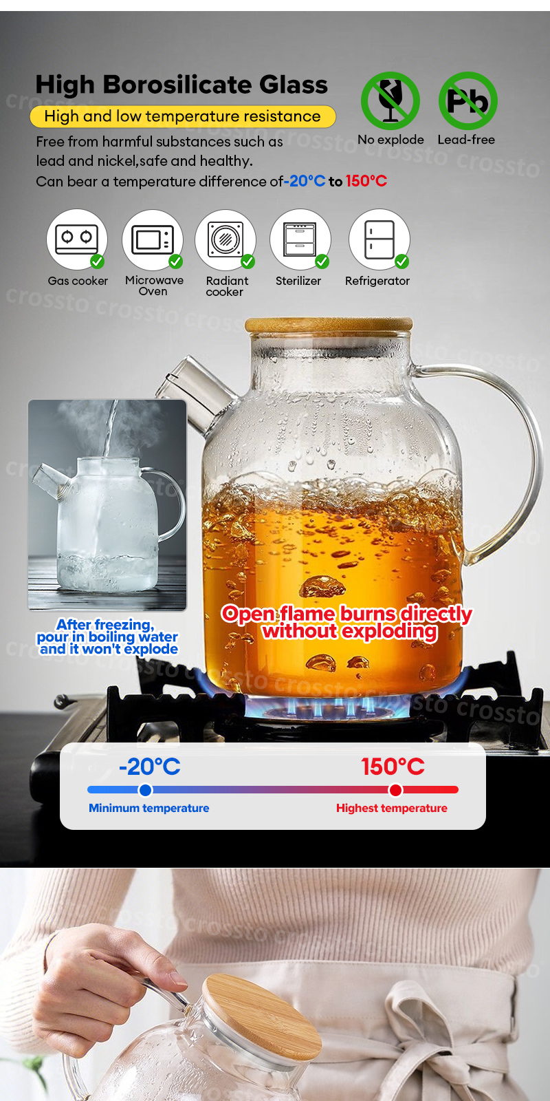 CROSSTO🔥Sesuai untuk dapur gas🔥1L/1.6L/1.8L teko kaca balang air jug ...