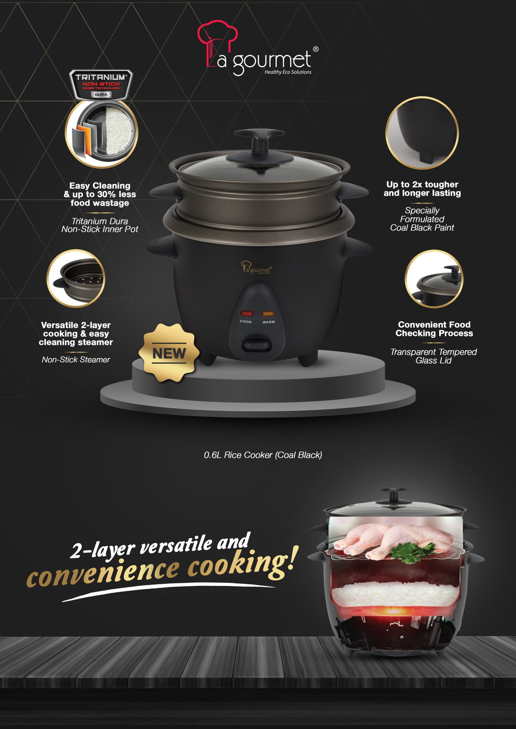 La gourmet - Rice Cooker with Steamer Insert 0.6L - Coal Black | Shopee ...